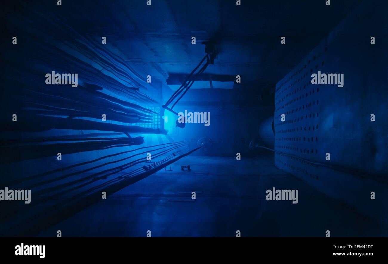 Blue glow water of nuclear reactor core powered, caused by Cherenkov ...