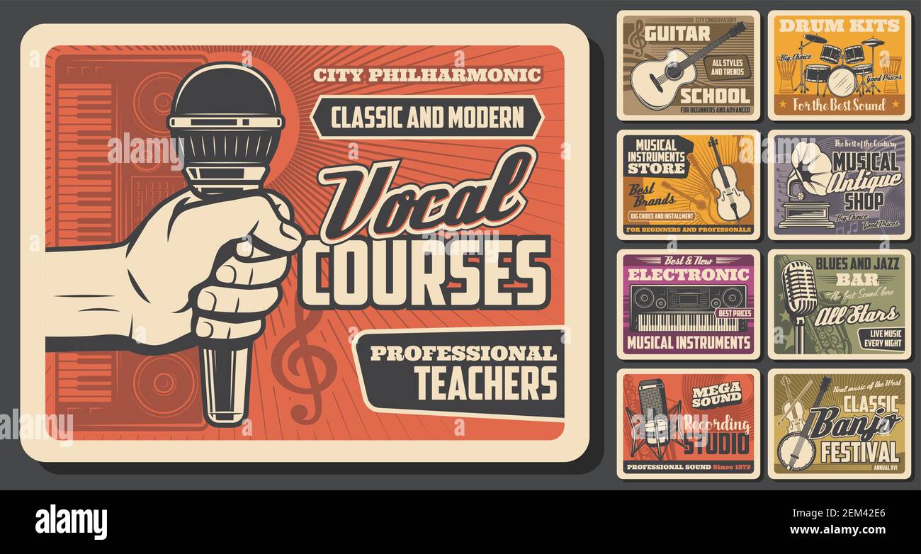 Music retro posters with musical instruments and microphones. Vector ...