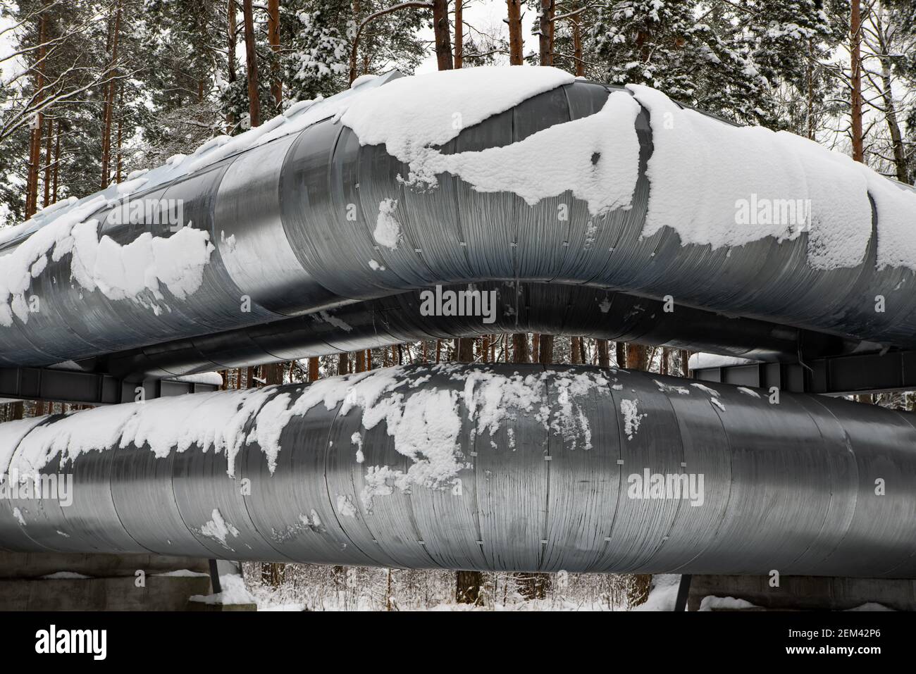 Huge industrial metal pipelines in forest. Close-up. Snow on pipes ...