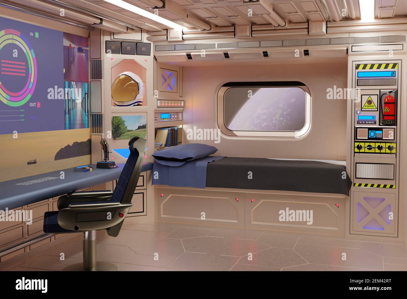 3D illustration. Spaceship room with window and helmet Stock Photo - Alamy