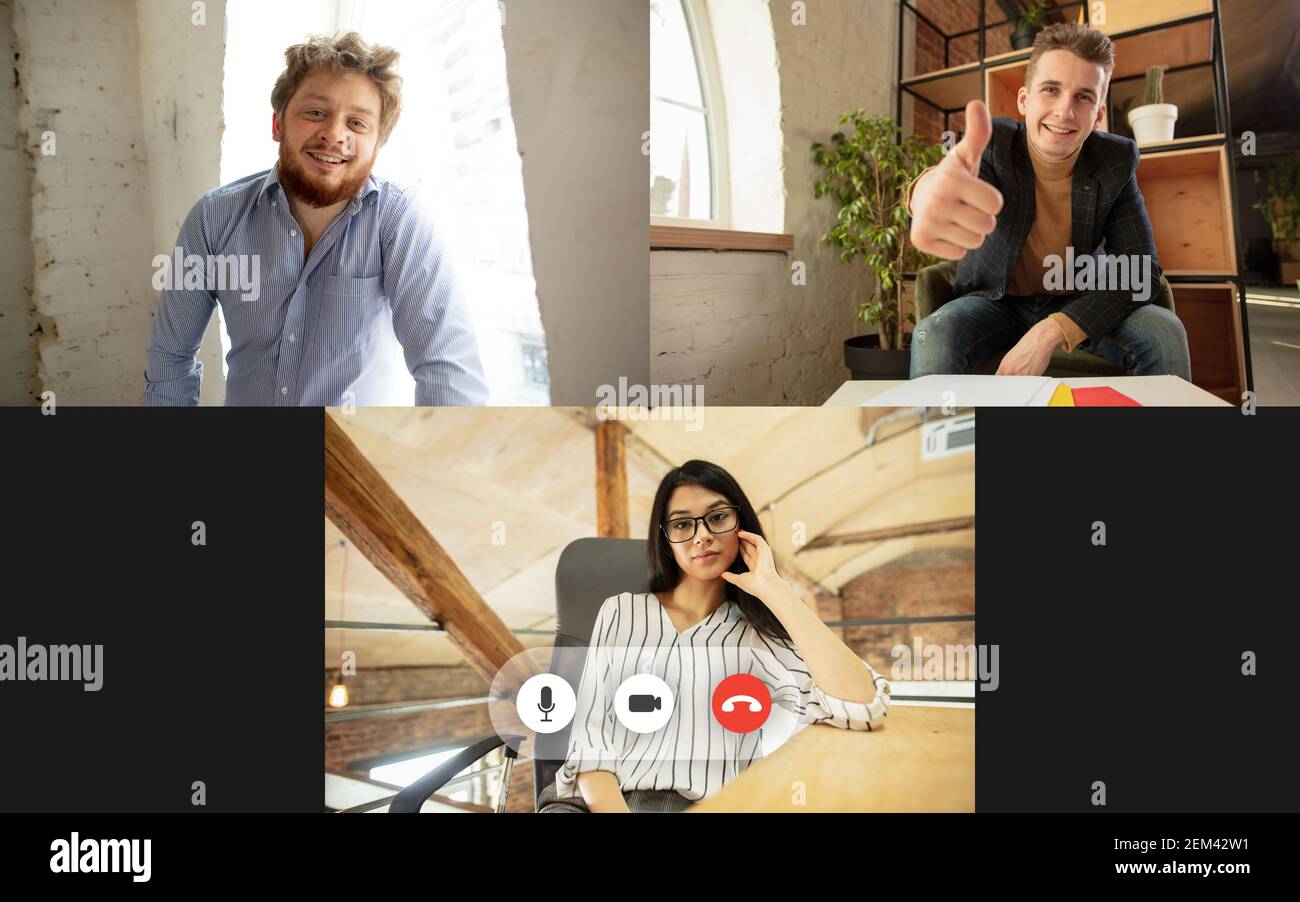 Team working by group video call share ideas brainstorming use video ...