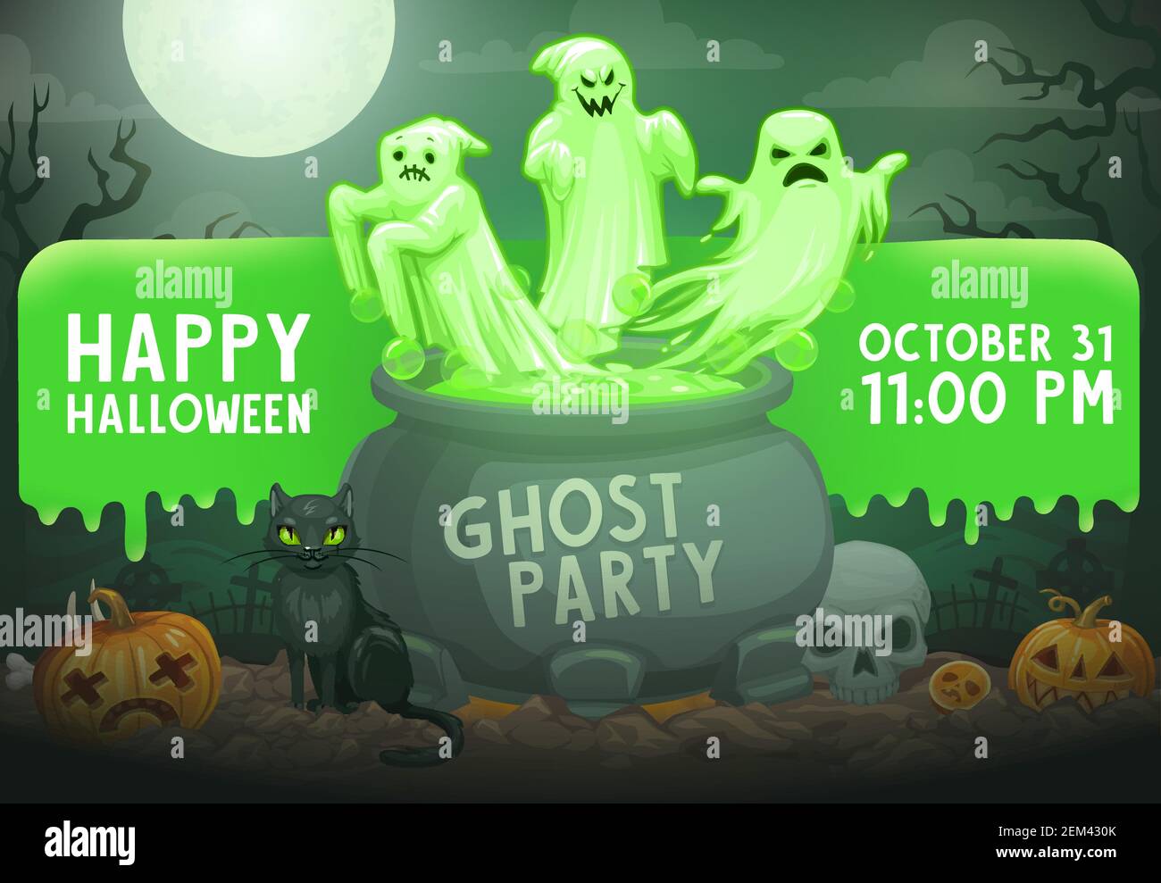 Halloween ghost party vector invitation with horror holiday monsters on ...