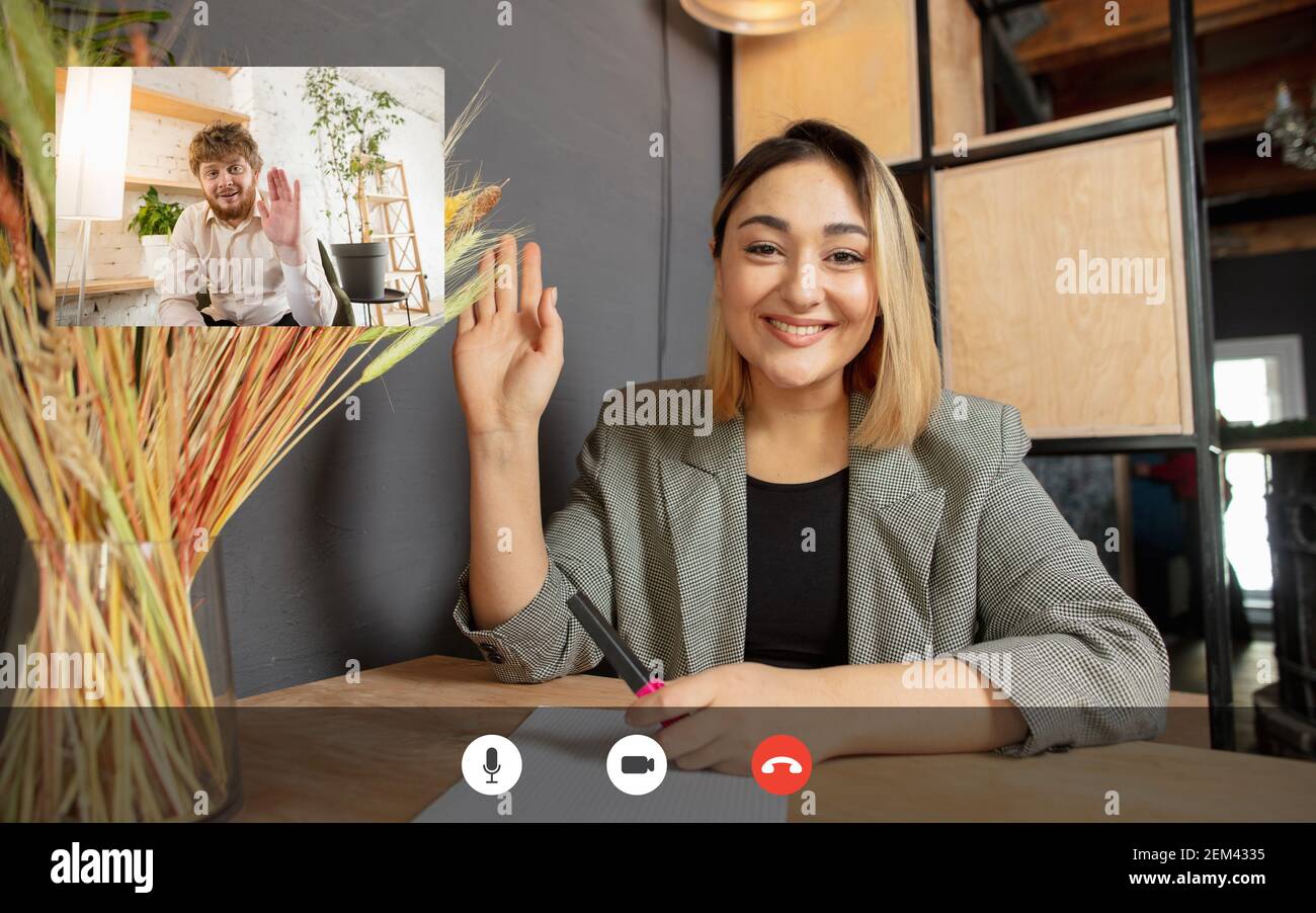 Team working by group video call share ideas brainstorming use video ...