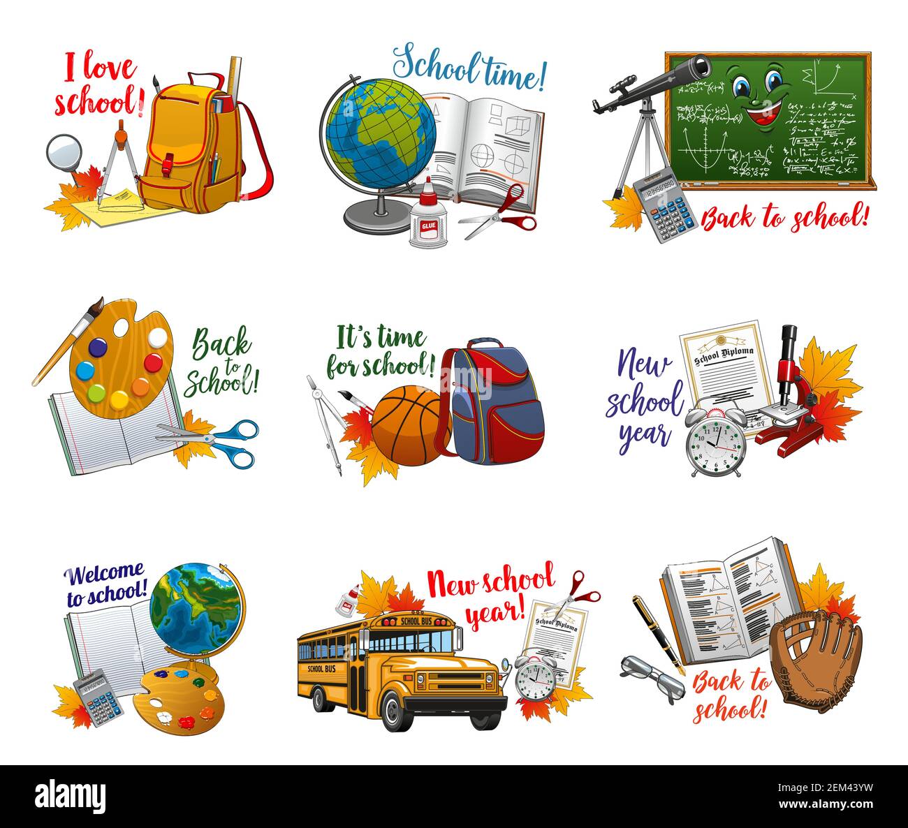 Back to school emblems isolated educational supplies. Vector welcome ...