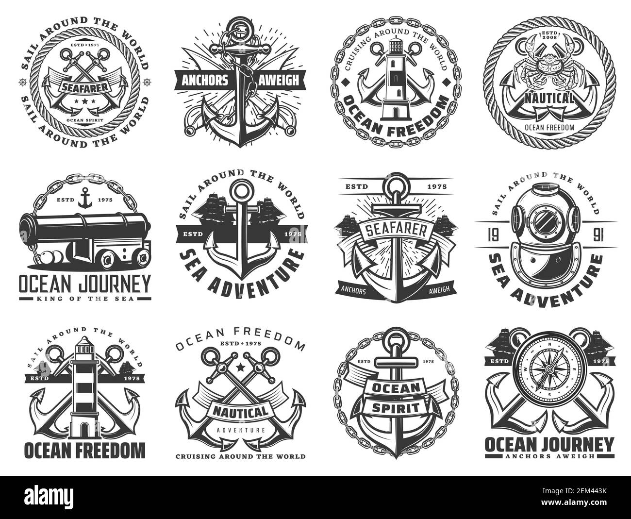 Sea travel ship and nautical anchor vector icons with sail boat ropes ...