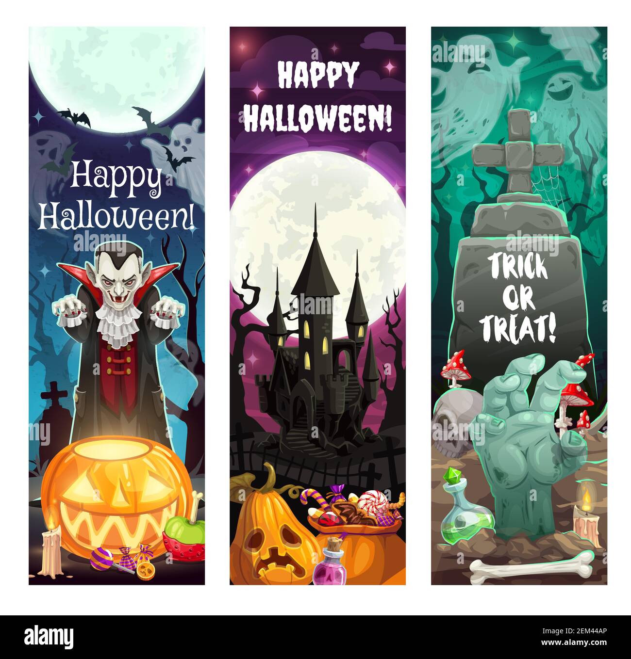 Halloween horror night trick or treating vector banners. Ghosts ...