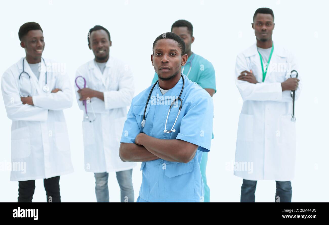young medic standing in front of his friends colleagues Stock Photo - Alamy