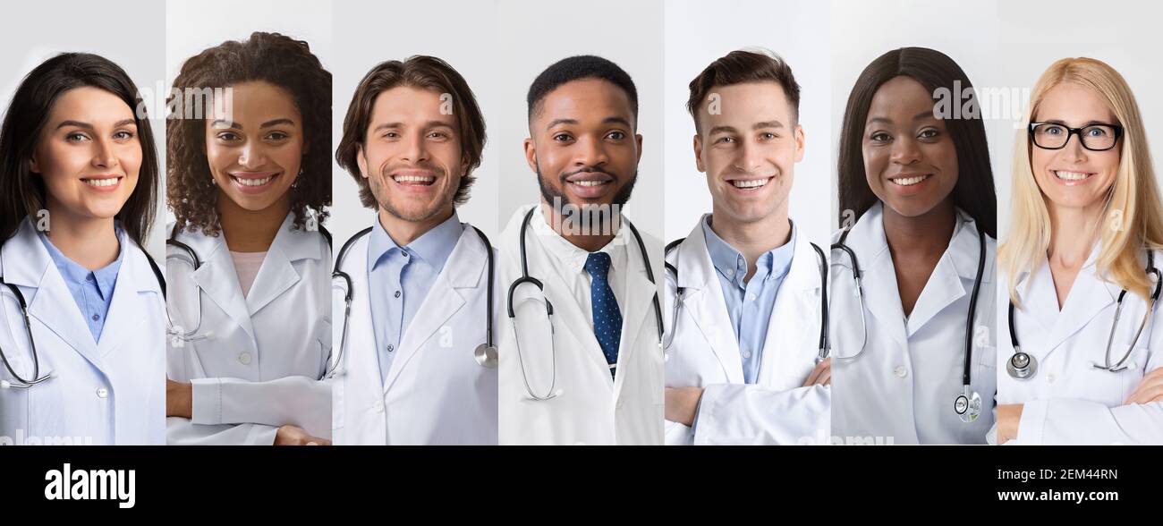 Collection Of Professional Doctors Portraits Posing On Gray Backrounds ...