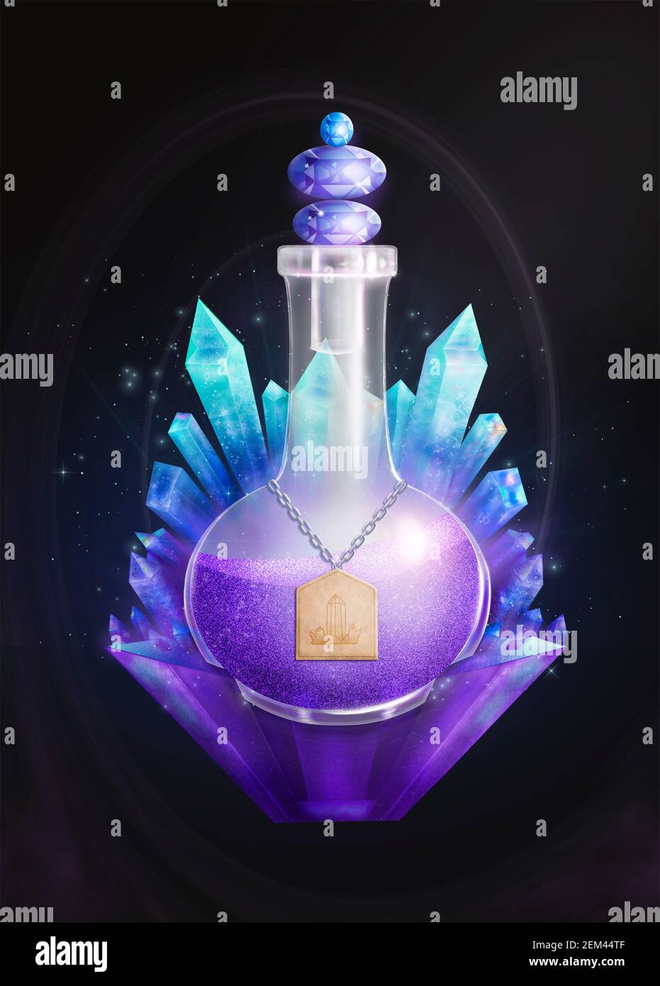 A beautiful glass bottle with a shiny powder and magical blue crystals ...