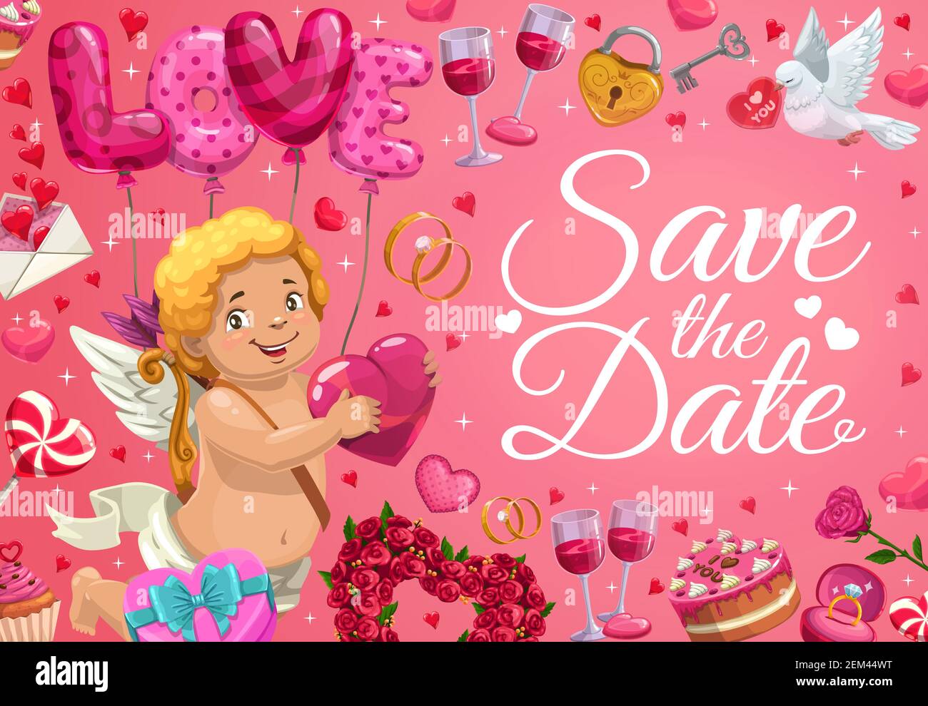 Save the date heart balloons and cupid angel with golden bow. Vector ...
