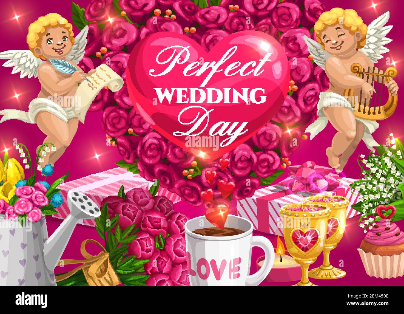 Wedding day greeting calligraphy, heart balloon and roses flowers ...