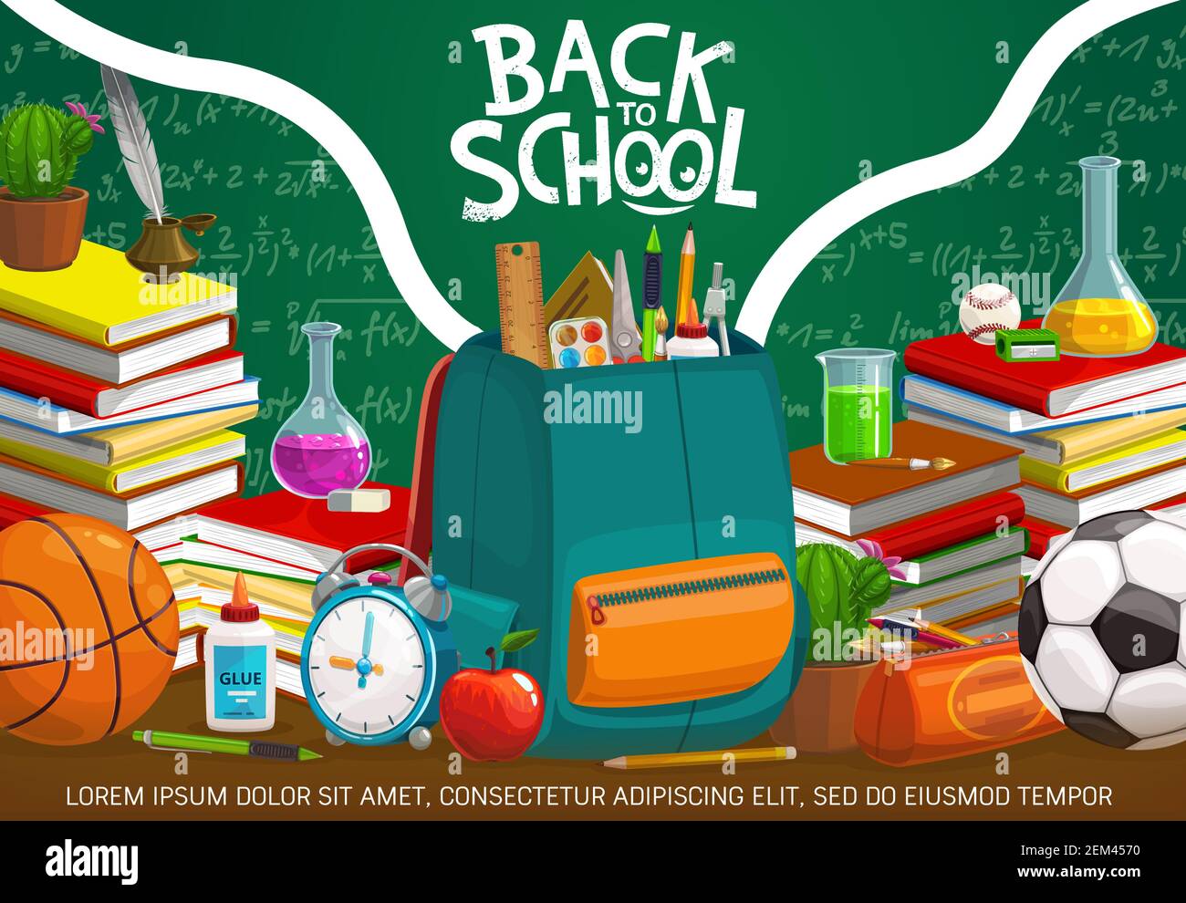 Back to School on green chalkboard, student supplies and classroom ...