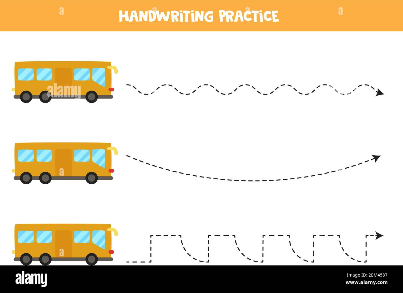 Tracing lines for kids with cartoon bus. Handwriting practice for ...