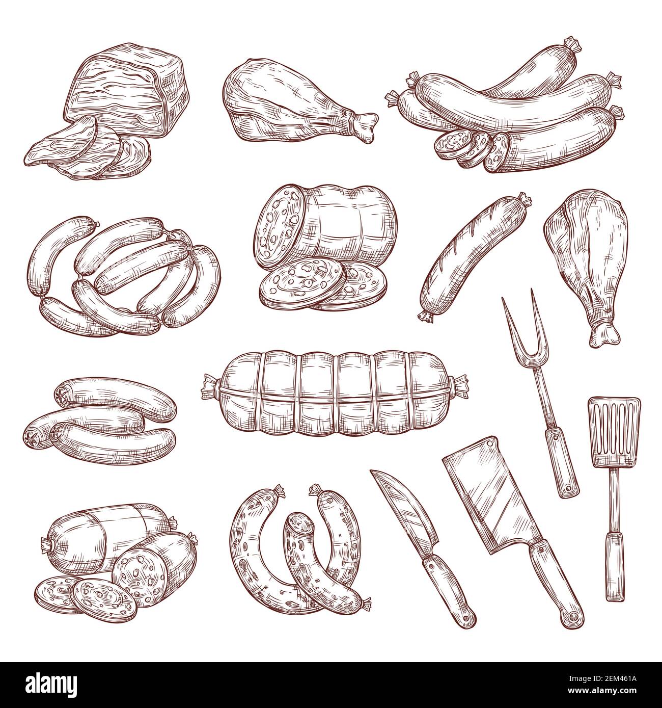 Beef and pork sketches, sausages, butcher and barbecue tools. Meat food ...