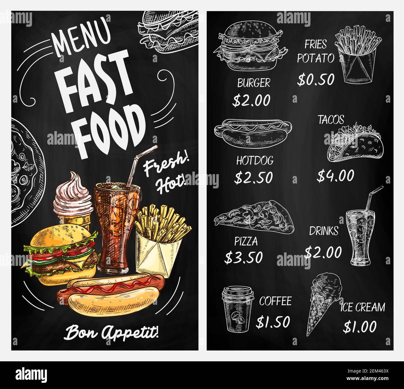 Fast food restaurant blackboard menu with chalk sketches of burgers and ...
