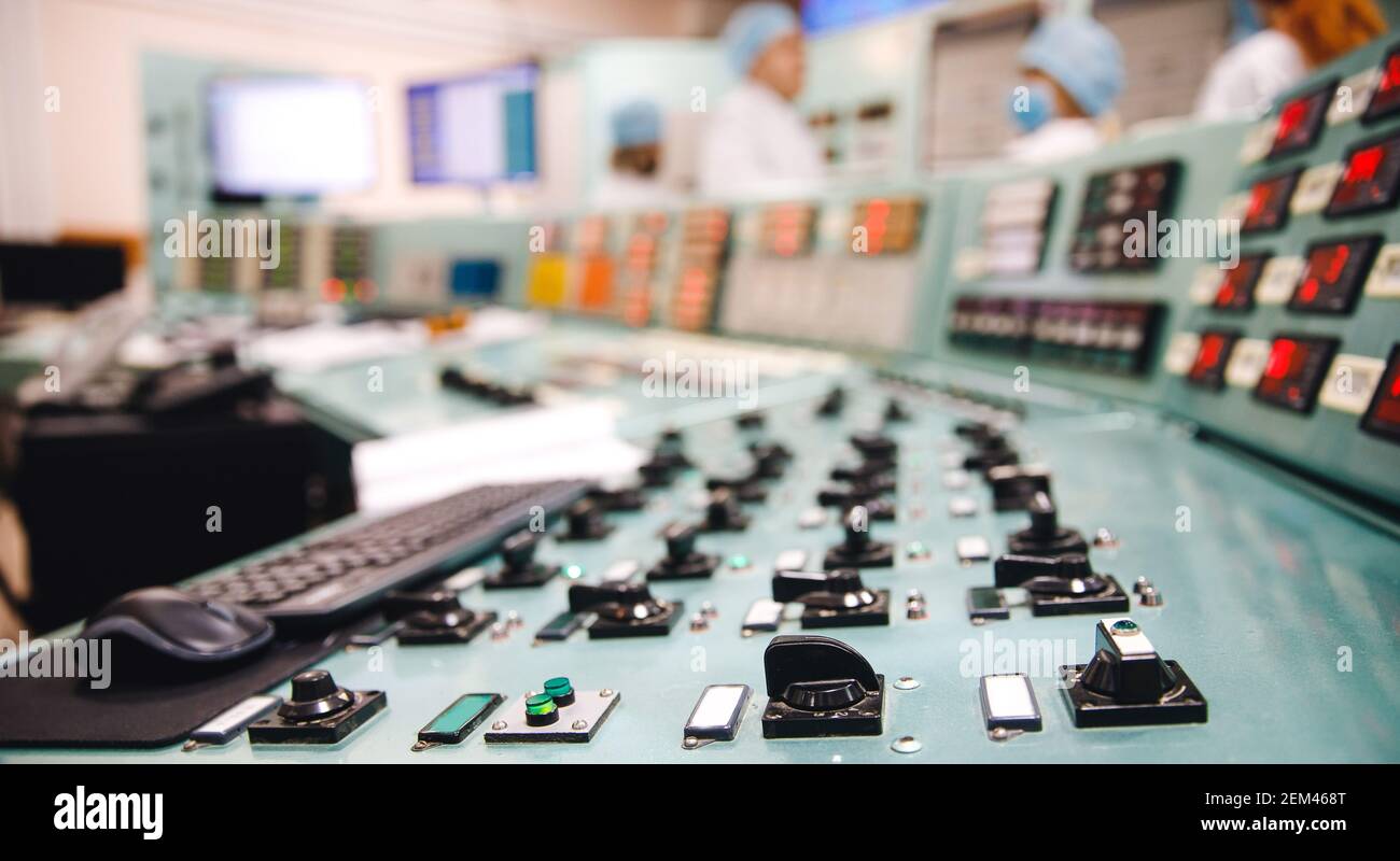 Close-up of buttons and switches control panel of nuclear power plant ...