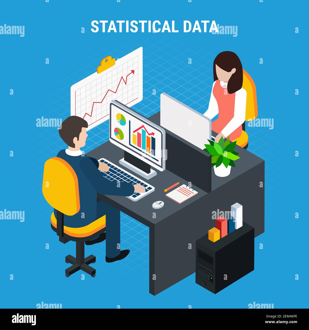 Statistical data isometric background with male and female coworkers ...