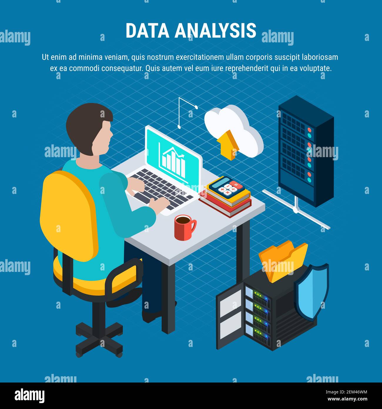 Data analysis isometric background with man sitting in office and ...