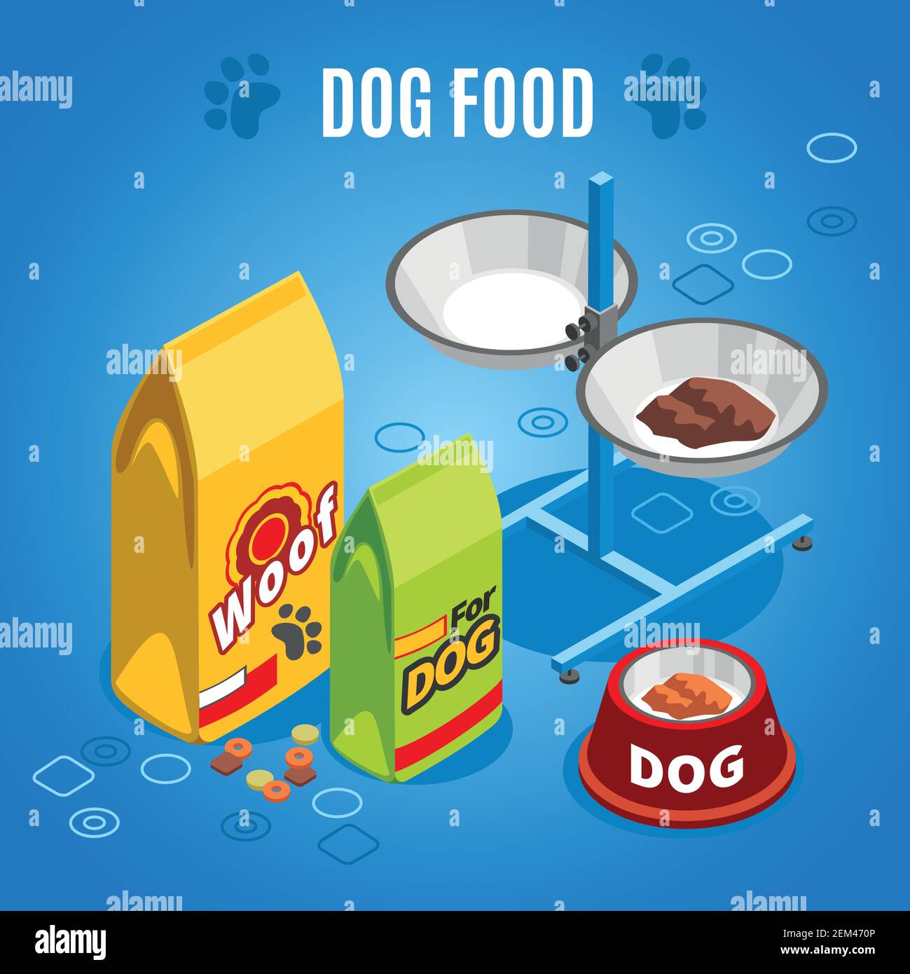 Dog food isometric composition on blue background with dry and wet feed ...