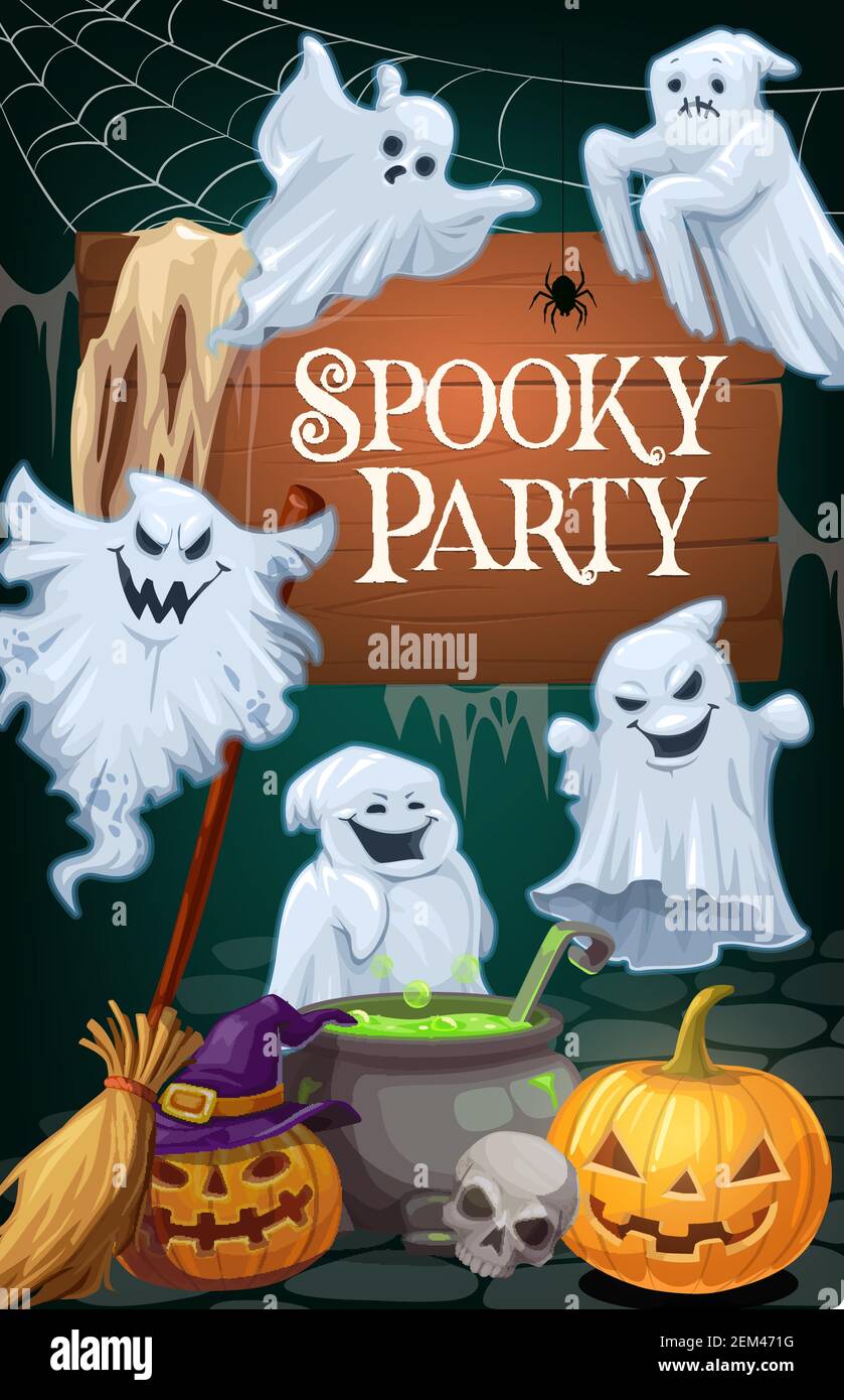 Halloween spooky party vector invitation with horror ghosts, pumpkin ...