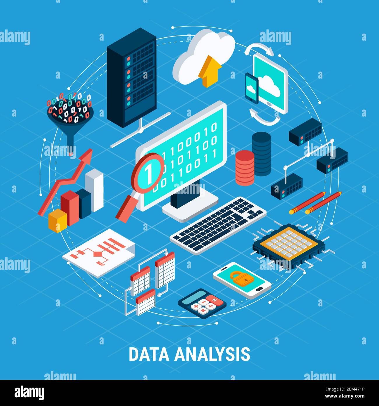 Data analysis isometric icons set of digital volume network exchange ...