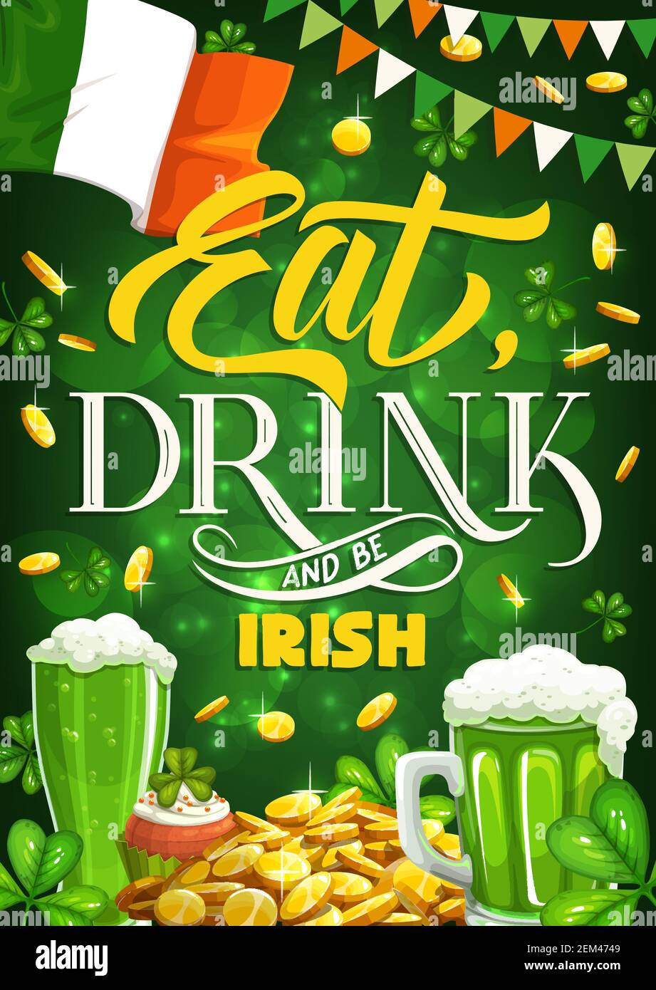 St Patricks Day Irish holiday vector design. Green beer, shamrock and ...