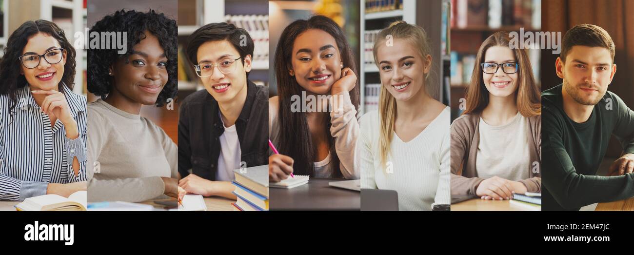 Collage Of Multicultural Students Portraits In Libraries, Panorama ...