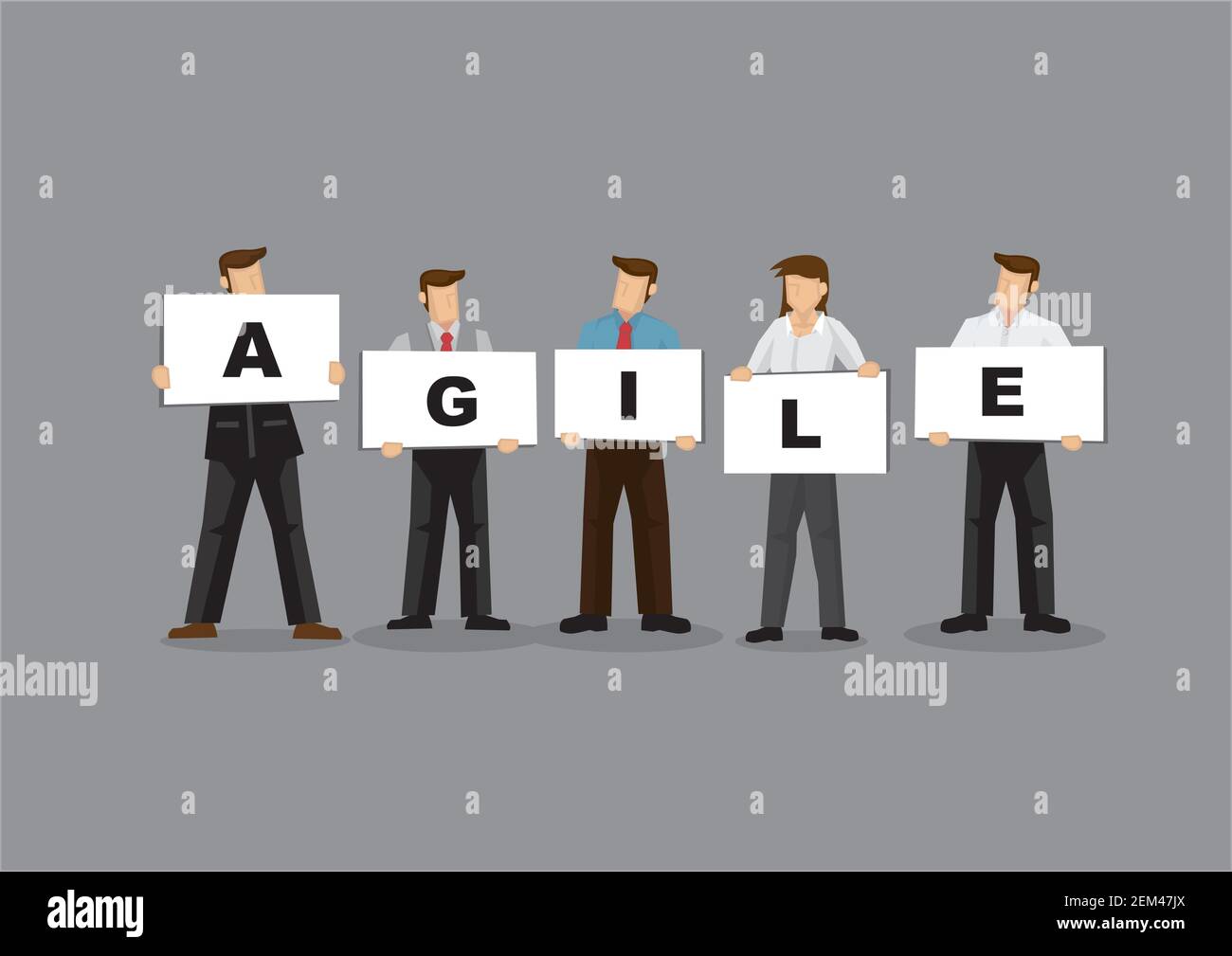 Illustration of business man and woman holding white board cards title ...