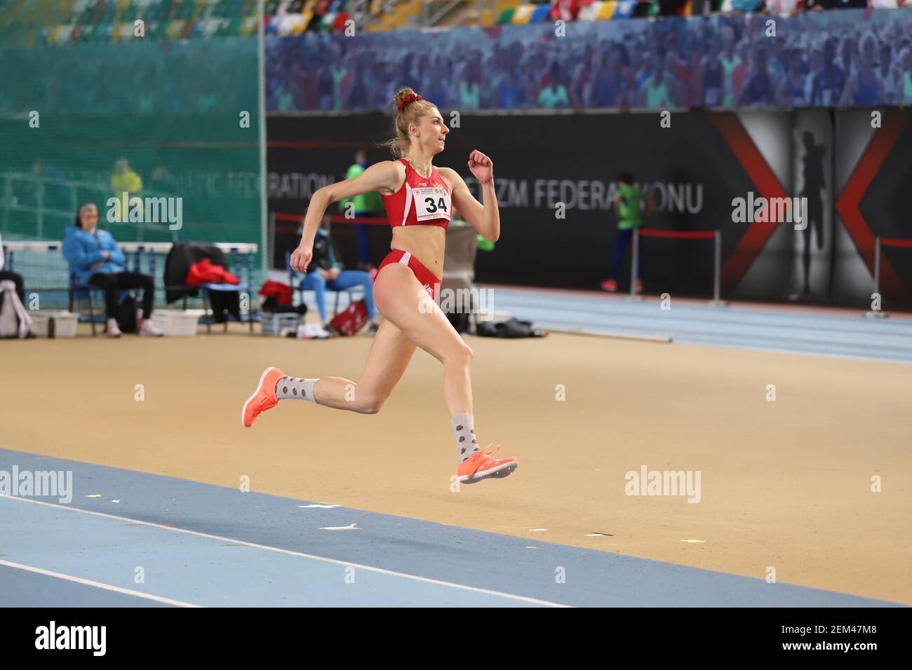 ISTANBUL, TURKEY - FEBRUARY 20, 2021: Undefined athlete high jumping ...