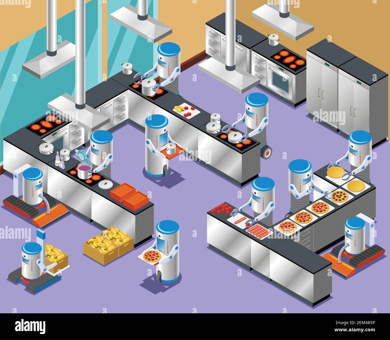 Isometric robotic restaurant composition with Robots in the restaurant ...