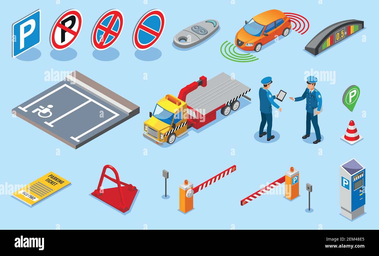 Isometric parking icon set with different isolated elements to create ...