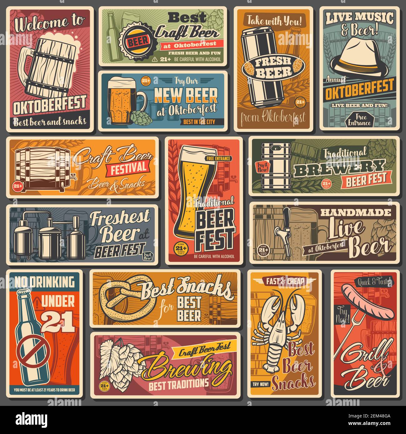 Beer alcohol drink retro posters of bar, pub and Oktoberfest beverage ...