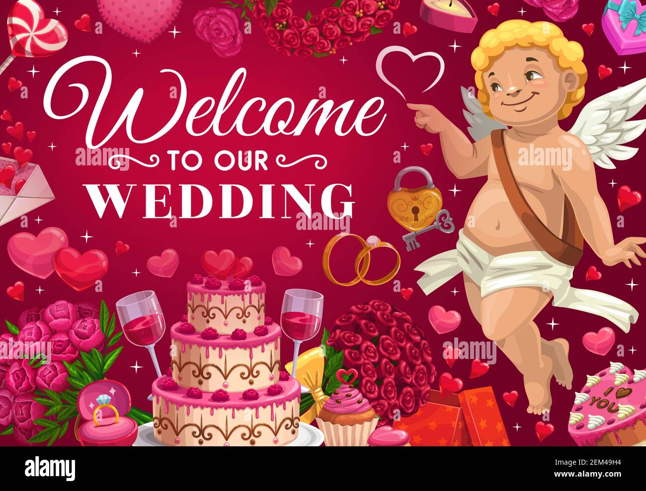 Welcome to our wedding invitation. Vector cupid and holiday cake ...
