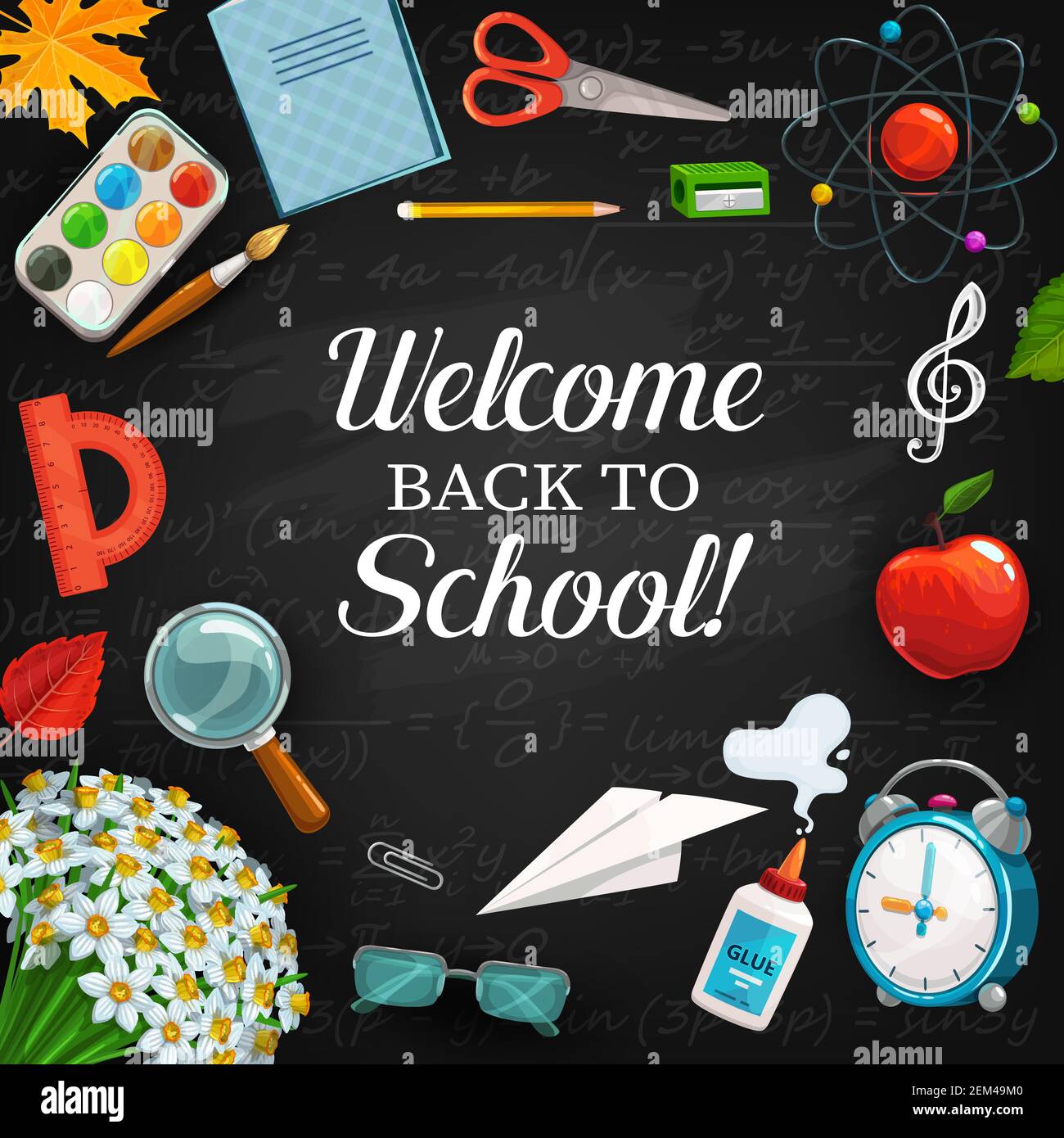 Welcome back to school written on blackboard with maths formulas and ...