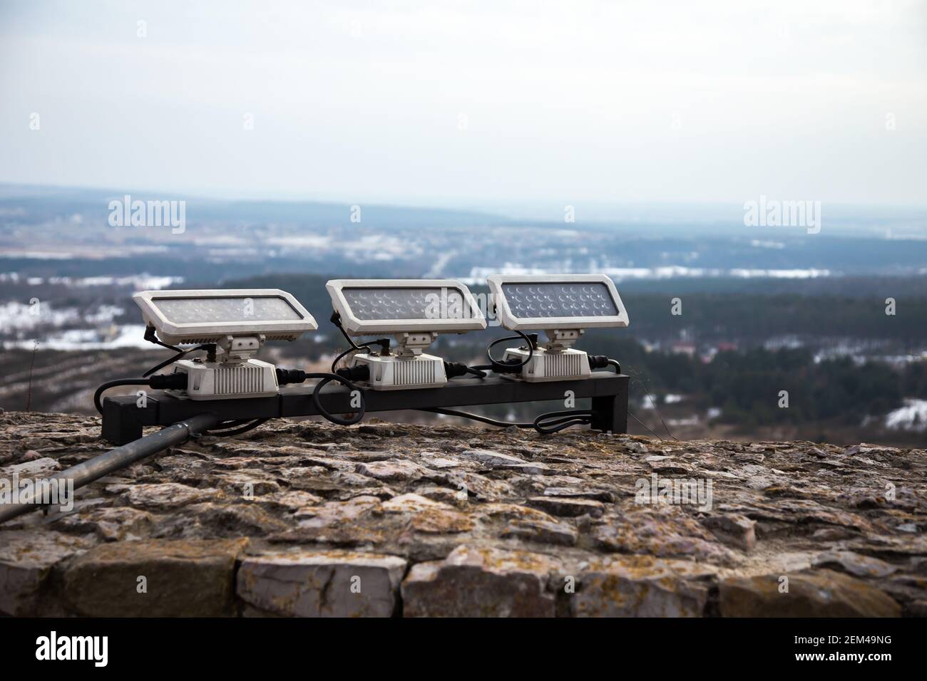 LED lamps (off) to illuminate the walls of a medieval castle. Natural ...