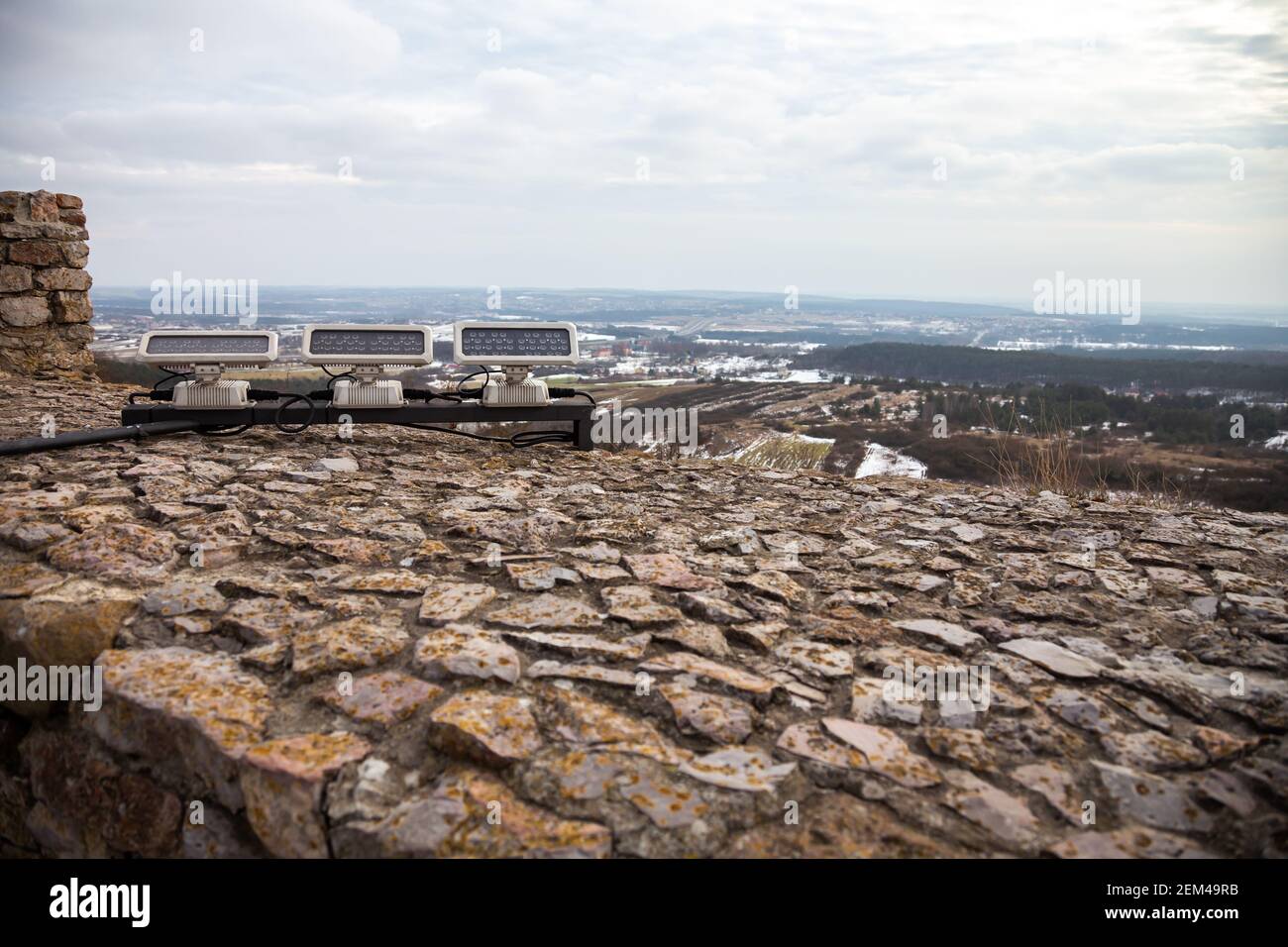 LED lamps (off) to illuminate the walls of a medieval castle. Natural ...
