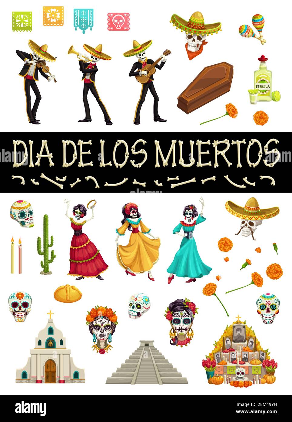 Day of Dead Mexican holiday symbols and Dia de los Muertos party icons ...