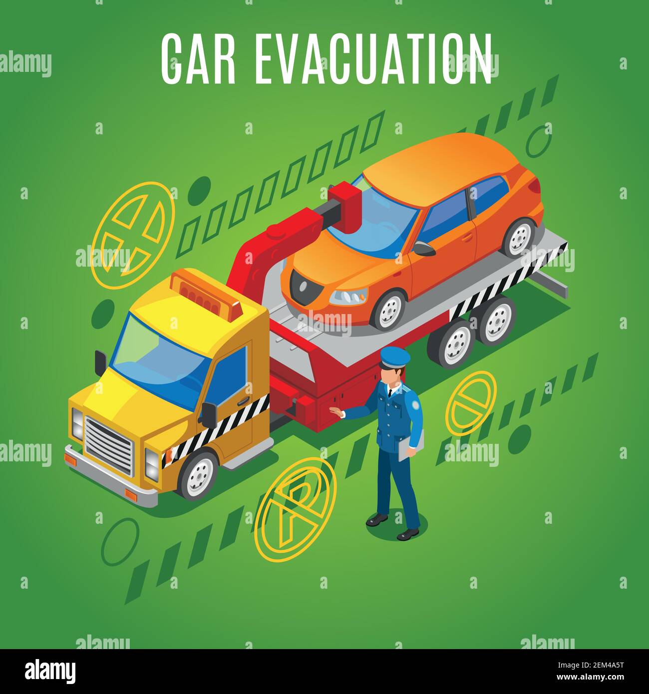 Isometric parking background with car evacuation headline and evacuator ...