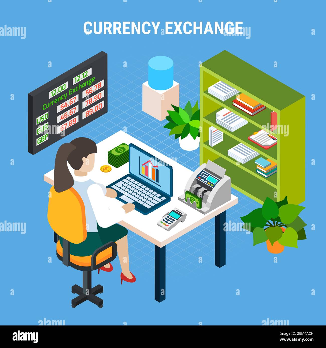 Currency exchange banking office isometric composition with employee at ...