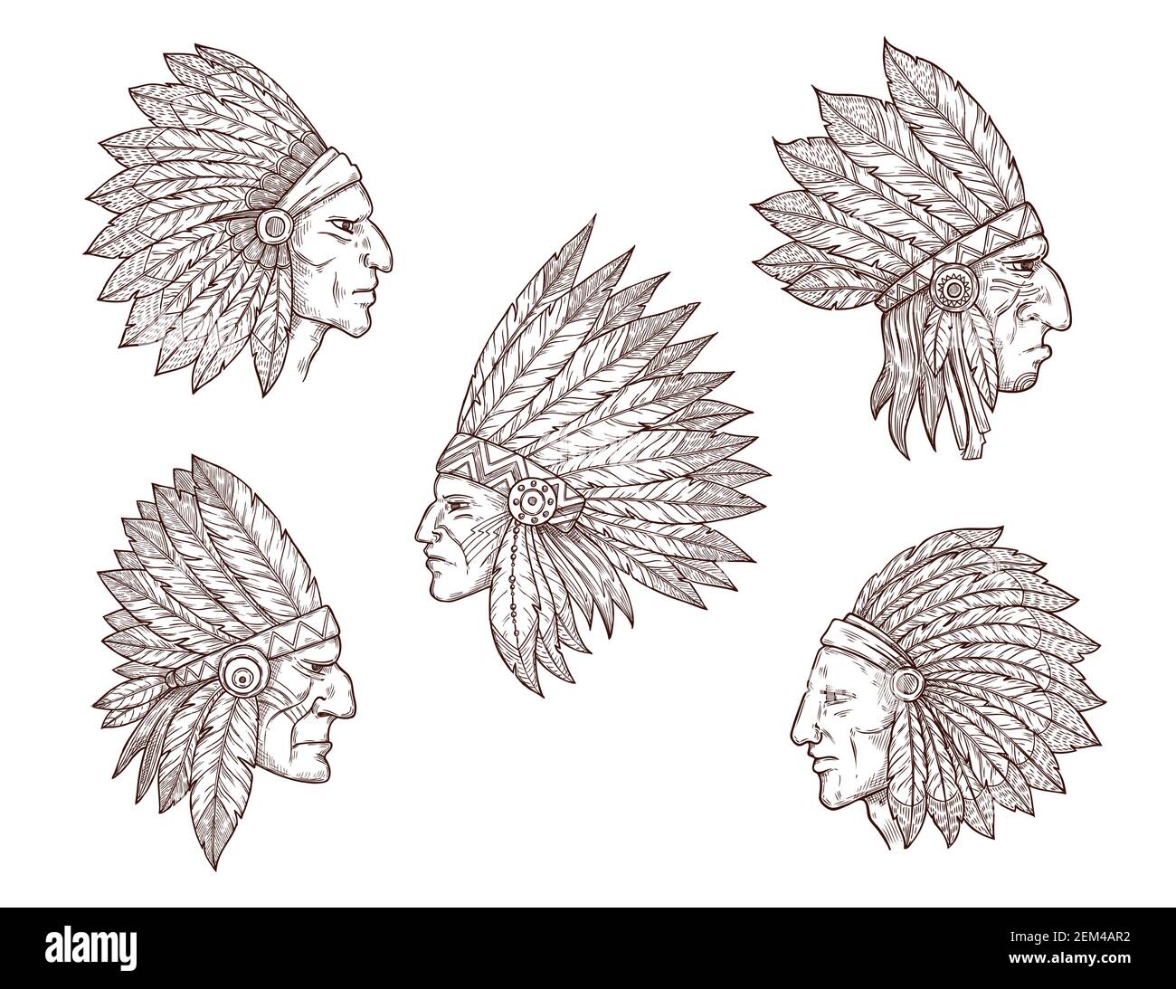 Native american chief sketches. Vector heads of indian man, apache ...