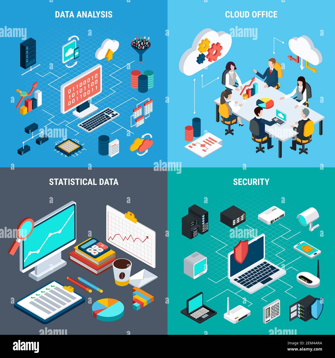 Big data 2x2 design concept set of cloud office data analysis security ...