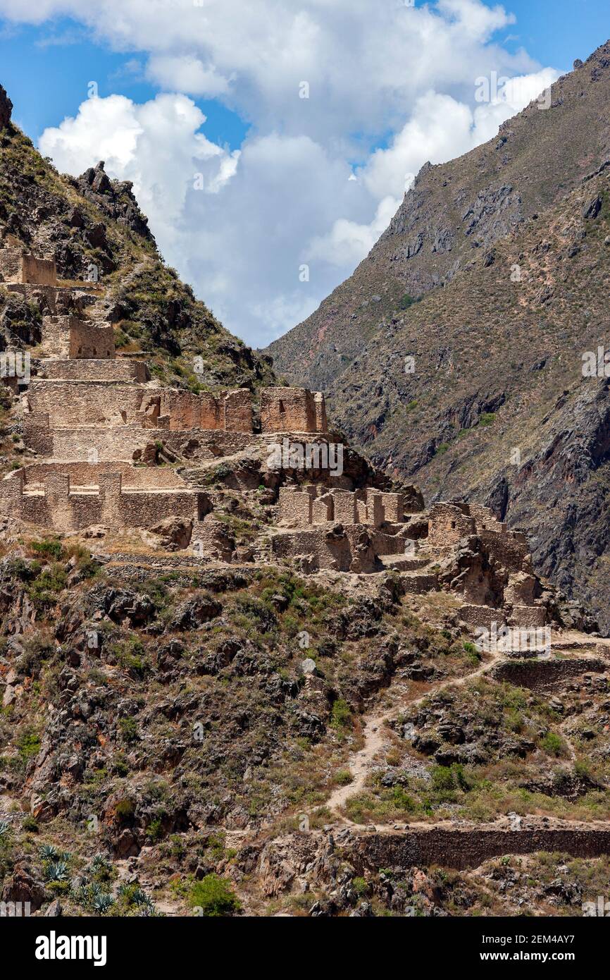 Inca temple ruins above the town of Ollantaytambo in the Sacred Valley ...