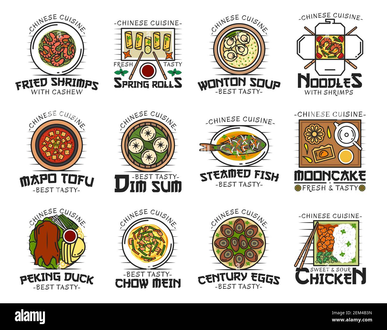 Chinese cuisine food isolated logos. Vector fried shrimps with cashew ...