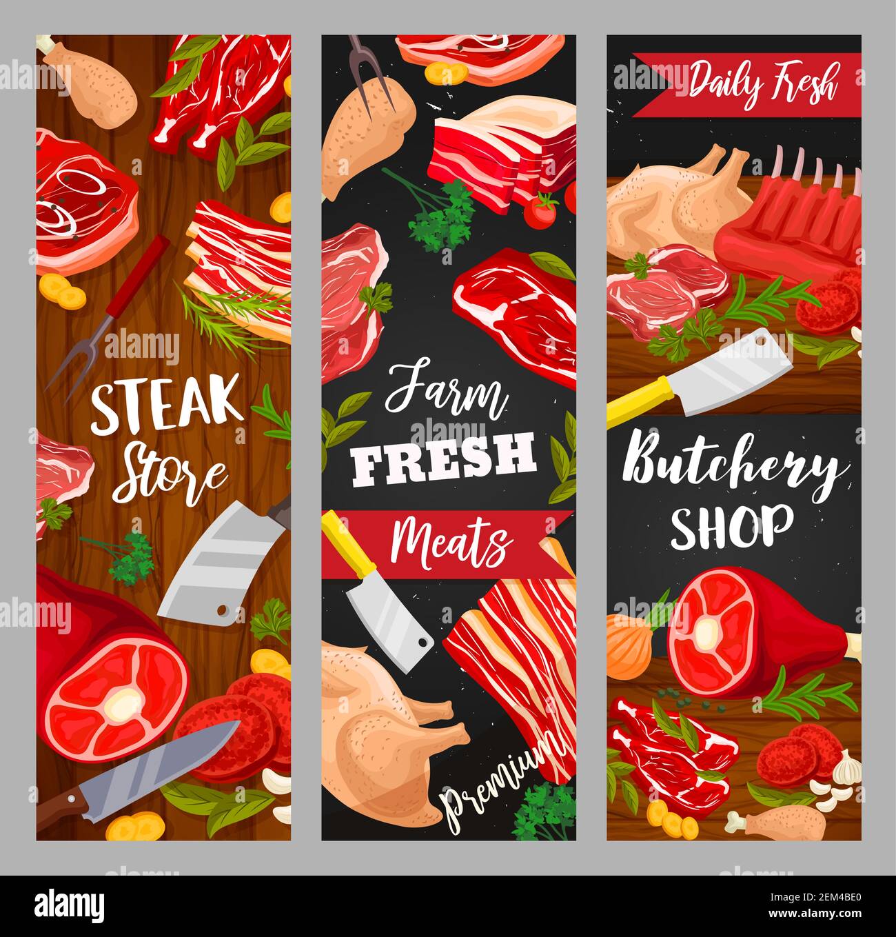 Meat food vector banners of beef steaks, pork ham and bacon, barbecue ...