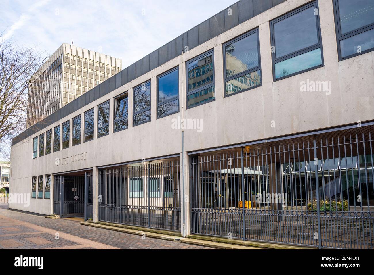 The Court House in Southend on Sea, Essex, UK. Carved stone lettering ...