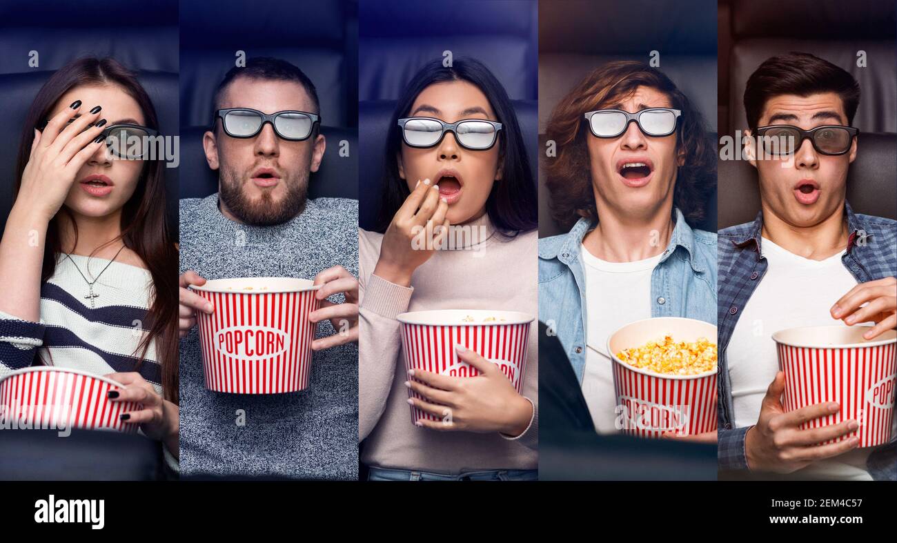 Shocked Millennial People In Cinema Watching Movies, Collage, Panorama ...