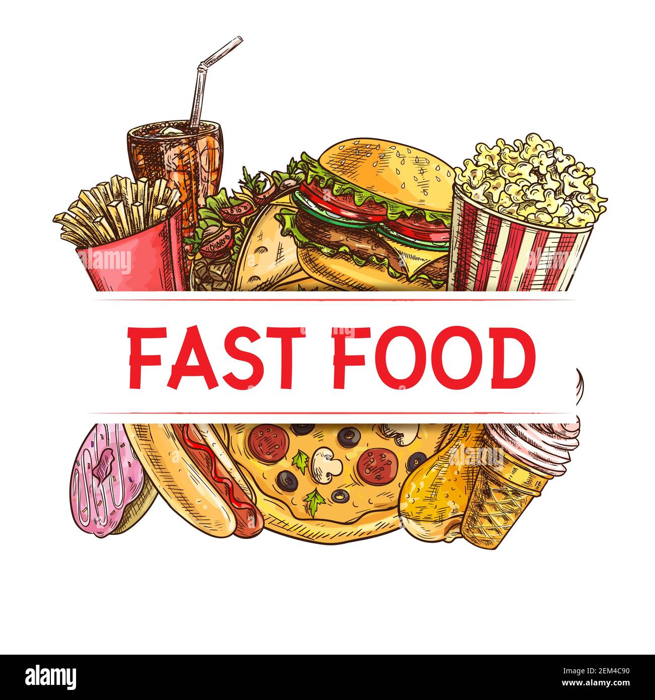 Fast food and drinks vector banner of burger, pizza and sausage hot dog ...