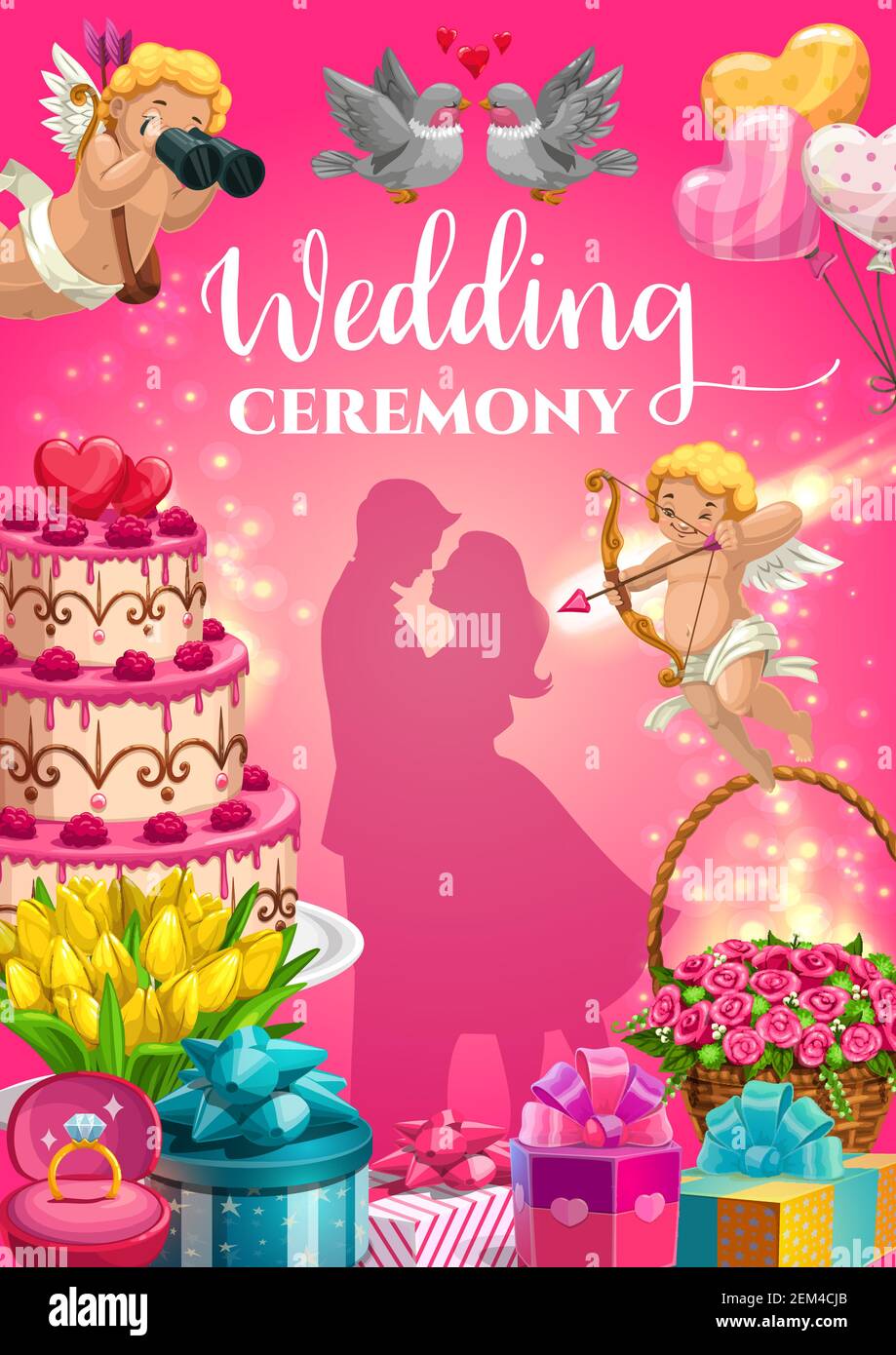 Wedding ceremony invitation, bride and groom silhouettes and frame of ...