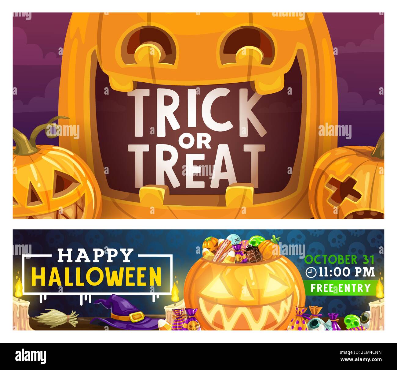 Halloween trick or treat party celebration poster with pumpkin lanterns ...