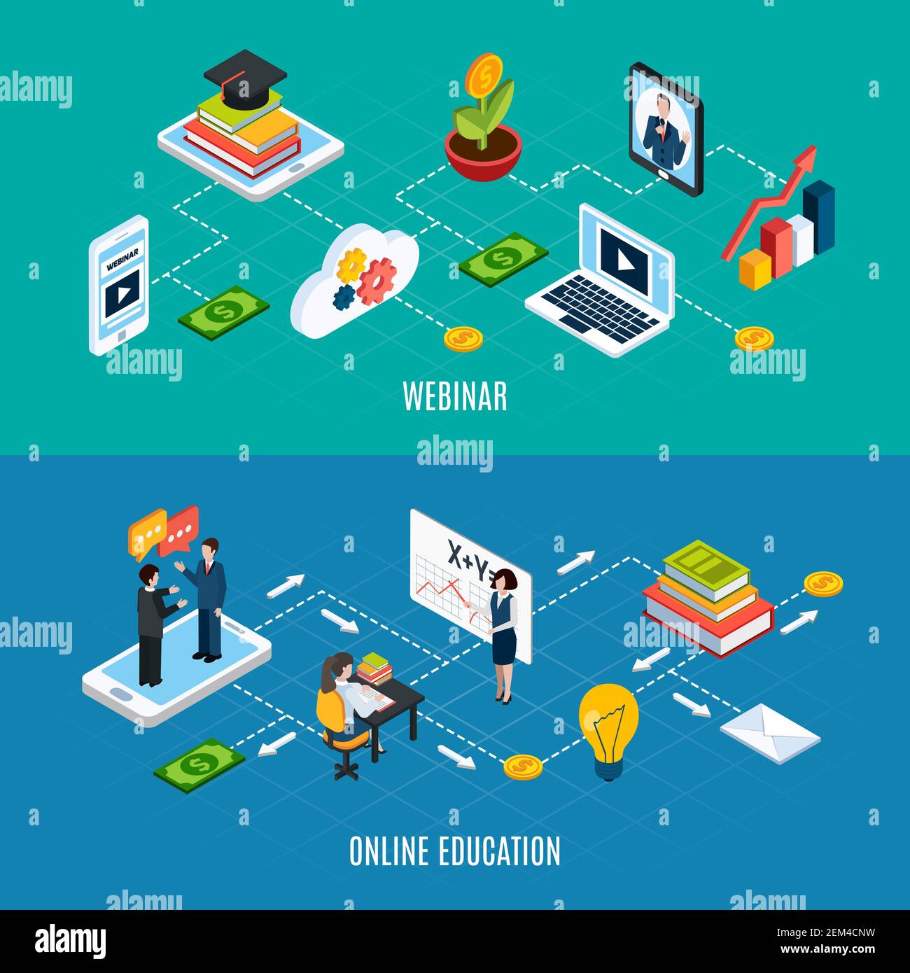 Two Horizontal Webinar Isometric Banner Set With Flowcharts And Online